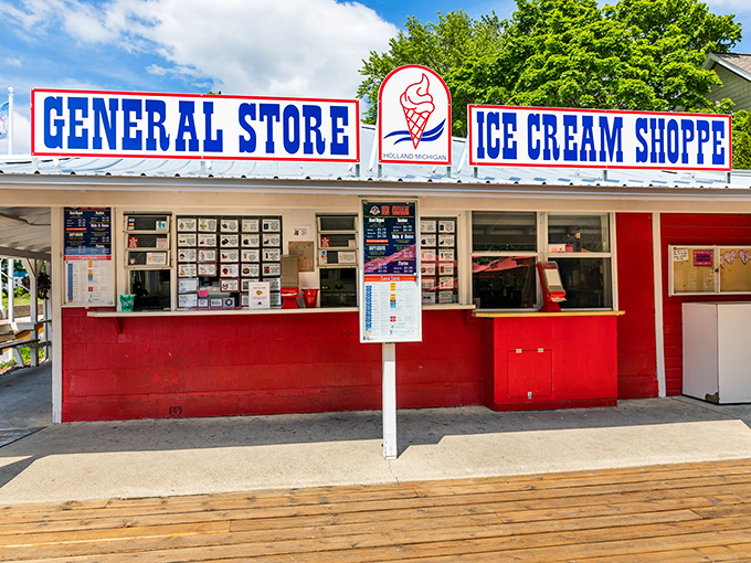 The iconic red-and-white fa&ccedil;ade of Ottawa Beach General Store beckons ice cream lovers with its nostalgic charm and promise of sweet treasures within.