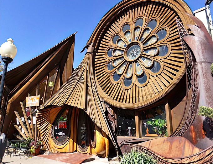 The wooden flower blooms in Eastown! Chez Olga's fantastical exterior looks like it sprouted from a Caribbean fairy tale right on a Grand Rapids street corner.