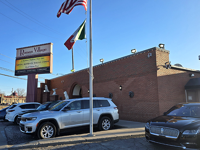 Roman Village's unassuming brick exterior belies the culinary treasures within, where Italian flags flutter proudly alongside the Stars and Stripes.