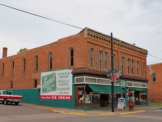 The historic brick fa&ccedil;ade of Lindell Chocolate Shoppe stands proudly on Lake Linden's main street, a time capsule in architectural form.
