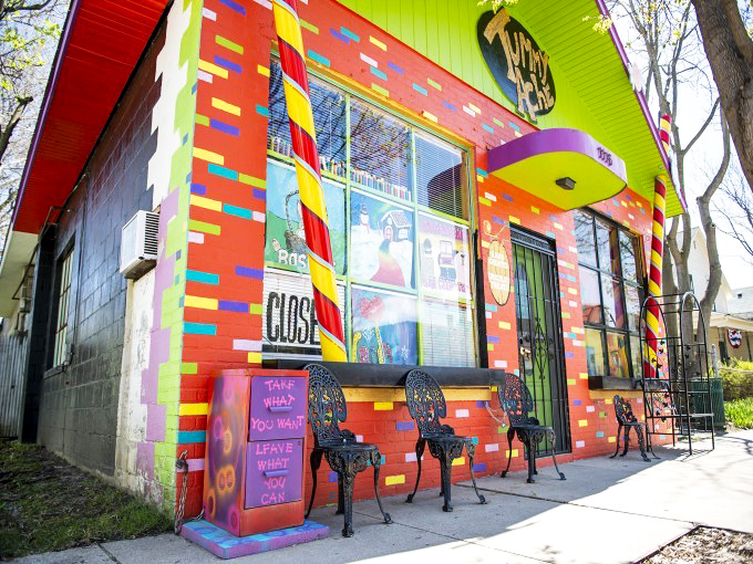 A kaleidoscope of colors greets visitors at this candy wonderland &ndash; like Willy Wonka set up shop in a rainbow.