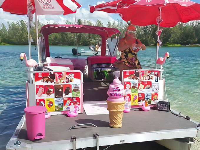 The pink ice cream boat: delivering brain freeze and happiness in equal measure to sun-soaked beachgoers.