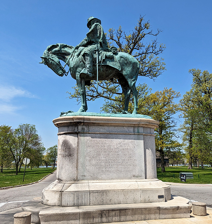 The Alpheus Starkey Williams Monument features the Civil War general astride his horse, keeping watch over the island's peaceful meadows.