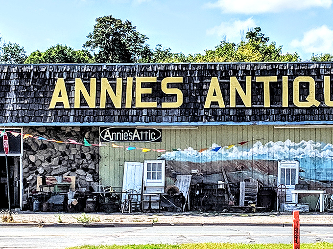 Annie's Antiques beckons treasure hunters with its weathered charm and promise of vintage finds waiting to be discovered inside.