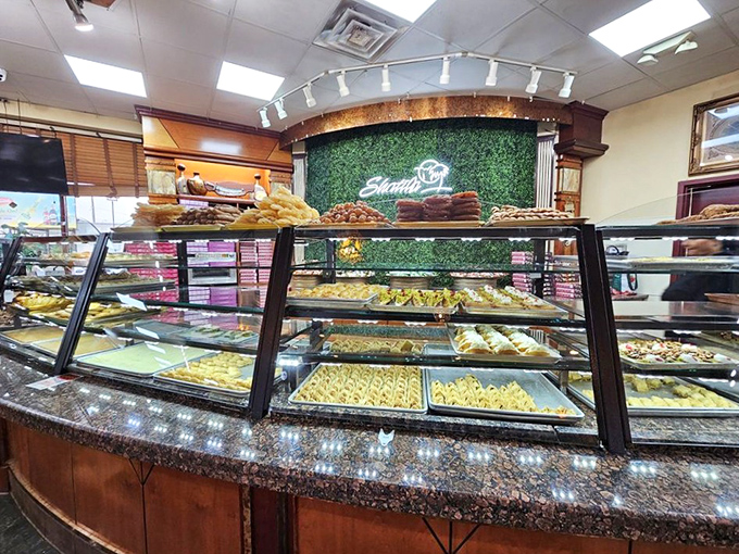 The display case stretches seemingly to infinity, a glittering treasure chest of phyllo, honey, and nuts that makes choosing just one impossible.