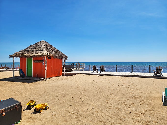 This thatched-roof tiki hut isn't in Bora Bora &ndash; it's pure Michigan magic on the shores of Lake Huron!