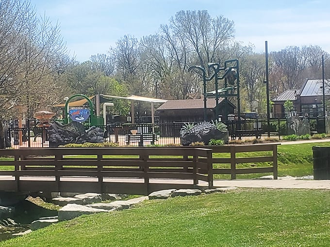 A charming wooden boardwalk connects play areas across the park &ndash; like a pathway through different worlds of imagination.