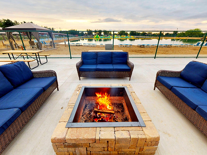 As day turns to evening, the fire pit area becomes command central for exaggerated tales of waterpark heroics and plans for tomorrow's adventures.