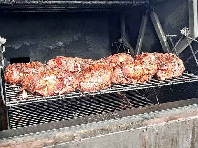 Raw briskets transforming in the smoker, where time, temperature, and wood smoke work their alchemical magic on beef.