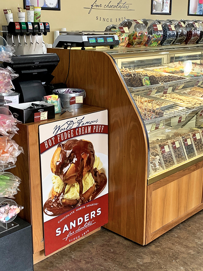 Sanders' famous hot fudge cream puffs beckon from the chocolate counter, continuing a sweet Michigan tradition that dates back generations.