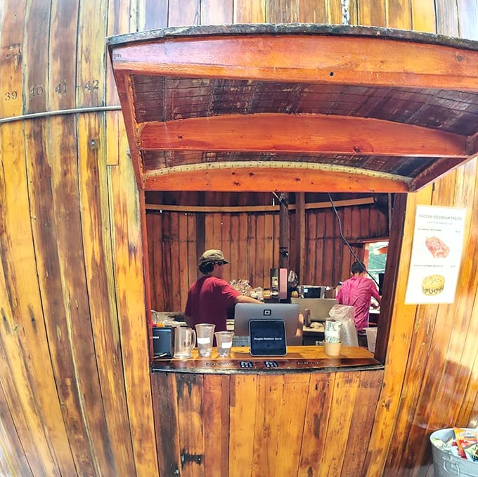 Peek inside the barrel's service window, where culinary magic happens in a space that proves great things come in uniquely shaped packages.