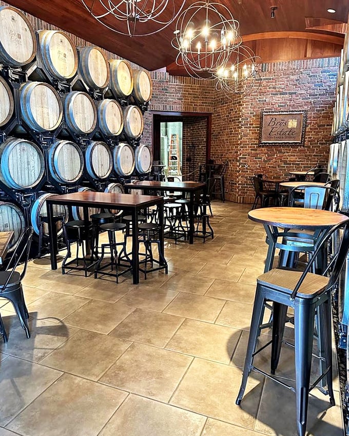 Rustic elegance: The barrel room dining area combines industrial-chic design with warm wood tones, creating an intimate space for savoring both wine and conversation.