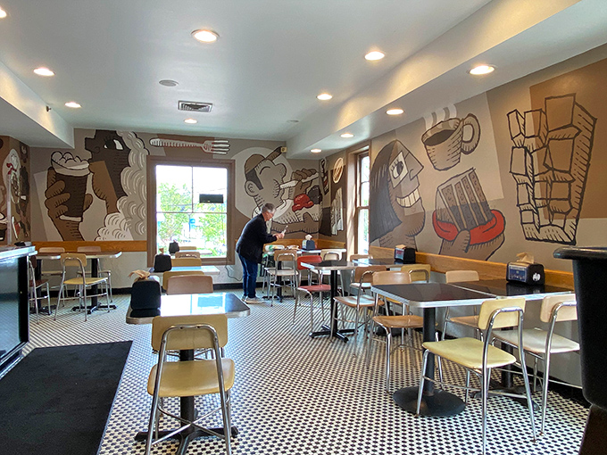 The dining area invites lingering conversations over perfect cappuccinos, with every chair occupied by someone having their own moment of culinary bliss.