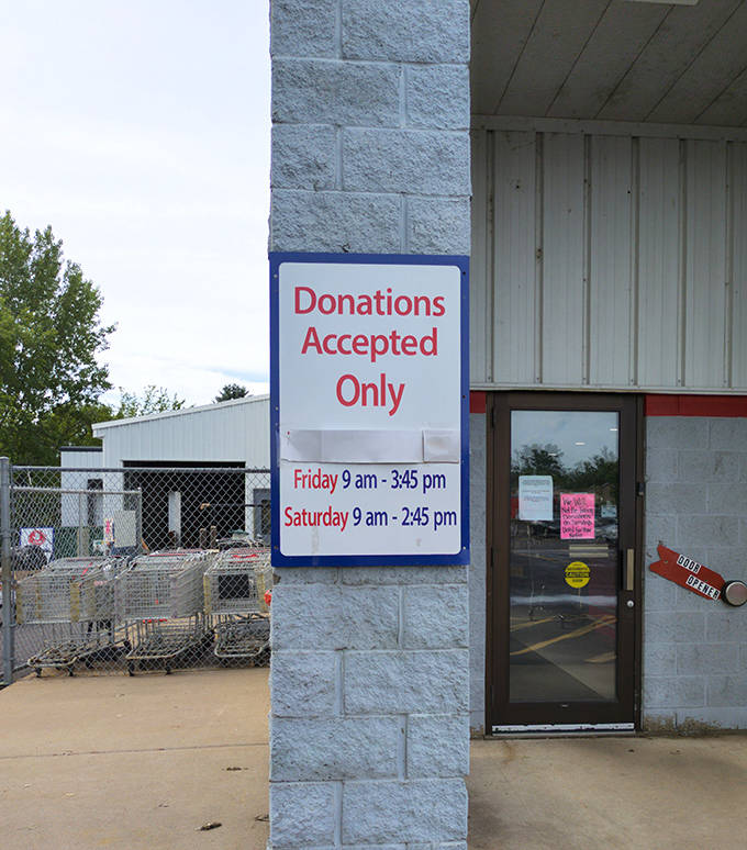 Donation hours are clearly posted &ndash; the lifeblood of this community institution. Yesterday's decluttering becomes tomorrow's treasure hunting grounds through this simple exchange.