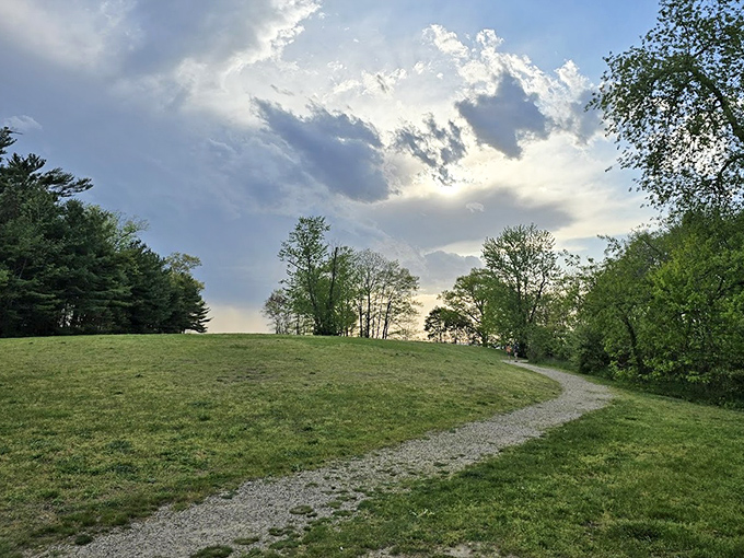 Hilltop: Standing here feels like being on top of the world, with rolling green hills stretching toward an endless blue horizon.