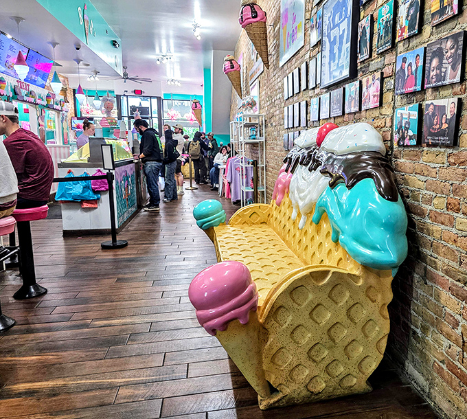 The narrow, brick-walled interior creates an intimate atmosphere where ice cream dreams come true and diet plans go to die happy deaths.