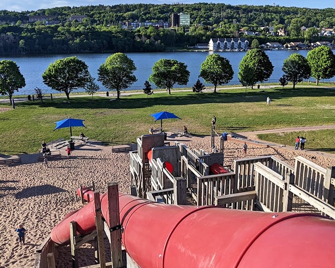 This playground paradise at Kestner Waterfront Park proves that the best entertainment system for kids has always been sunshine, sand, and space to run wild.