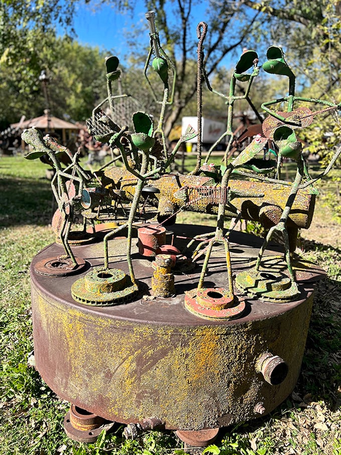 A band of metal musicians frozen mid-performance, waiting for the conductor to tap his baton on the rusty podium.