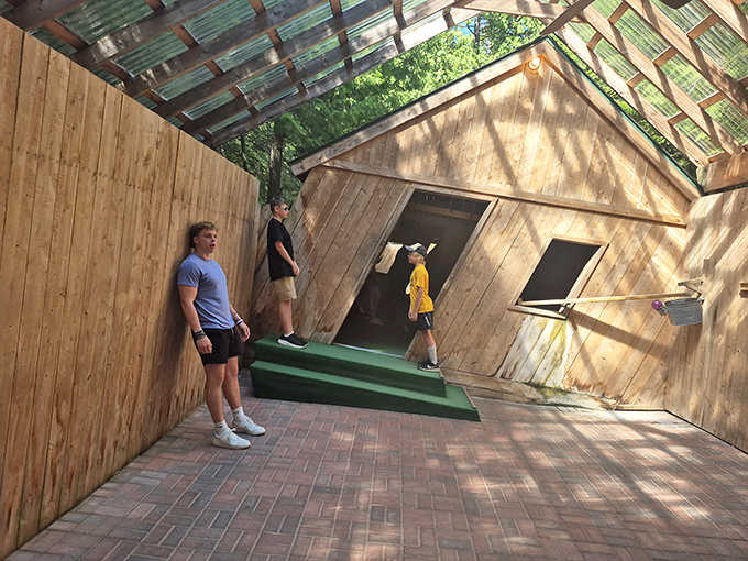 Inside the slanted house, visitors experience a world where up is down and straight is crooked &ndash; a funhouse without the mirrors.