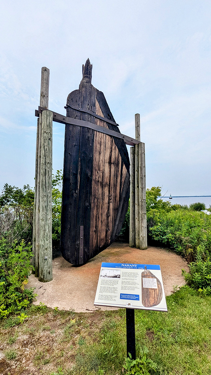 This weathered wooden remnant from the Nahant shipwreck stands as a solemn reminder of why lighthouses matter in the first place.