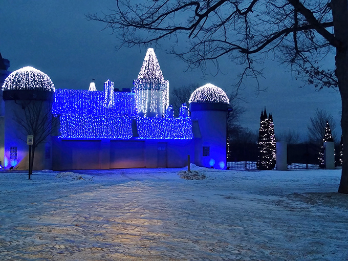 When darkness falls, thousands of blue and white lights transform the castle into a glowing winter wonderland.