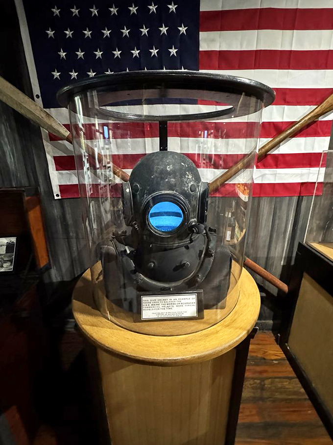 This diving helmet weighs more than my checked luggage. Early divers were part explorer, part weightlifter.