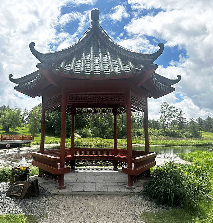 The Peony Pavilion offers a slice of Asian tranquility in the Midwest, proving that zen doesn't require a passport, just a thoughtful garden design.