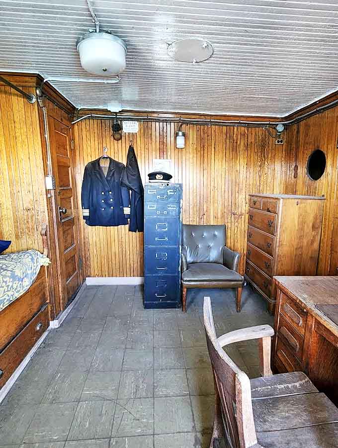 No luxury suites here! This preserved crew cabin shows the spartan accommodations that sailors called home during long voyages across the lakes.