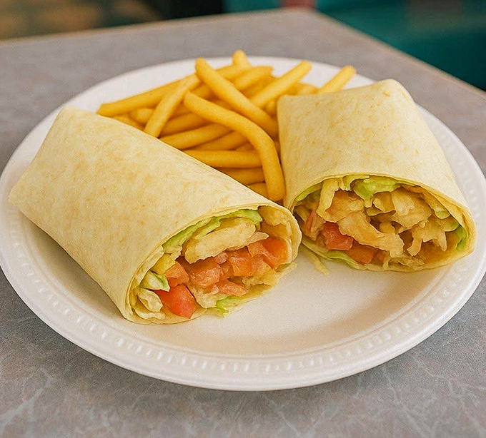 The chicken wrap offers a lighter option without sacrificing flavor, paired with perfectly golden french fries.