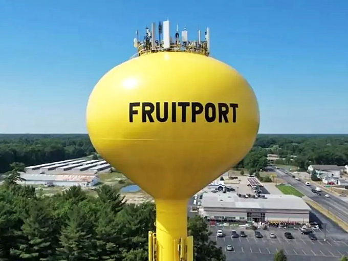 Bold lettering identifies this landmark's hometown, though the face alone has become shorthand for Fruitport in the minds of Michiganders.