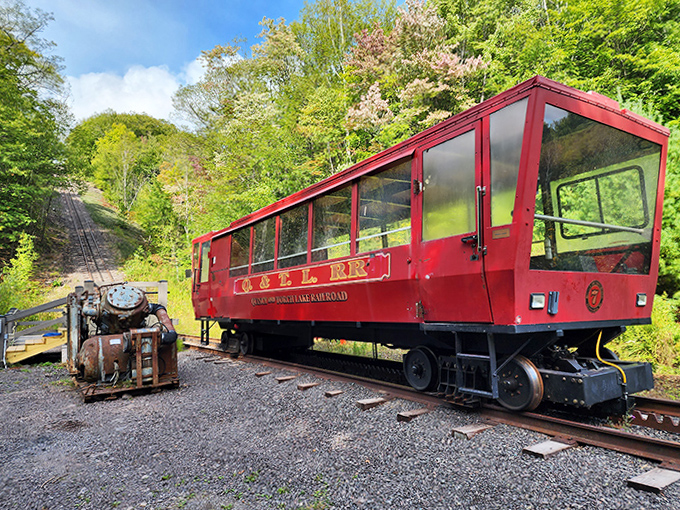 All aboard the time machine! This restored rail car takes visitors down the steep hillside to begin their subterranean adventure.