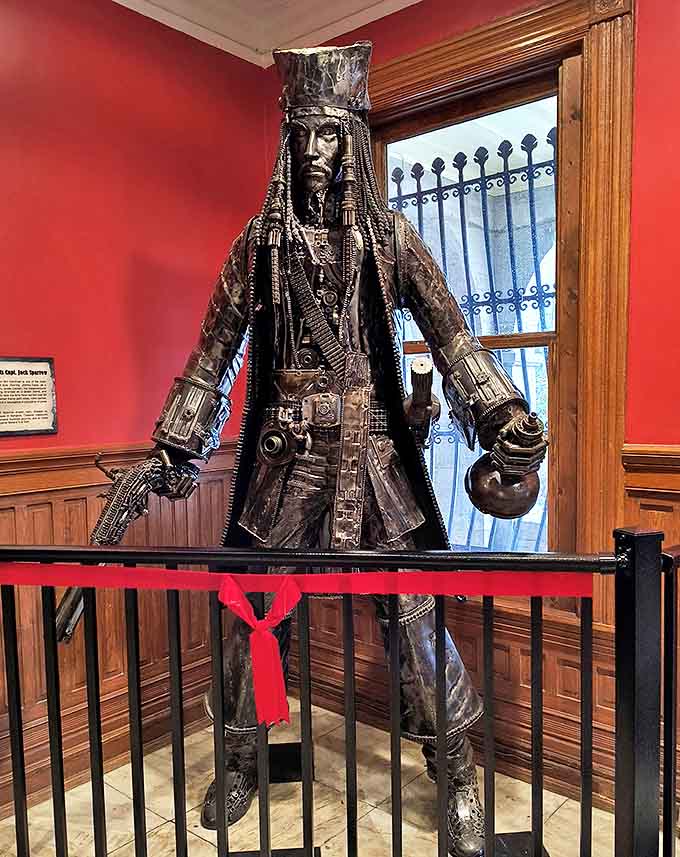 This impressive metal sculpture captures the essence of a famous fictional pirate captain, down to the last intricate detail.