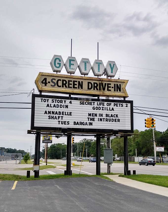 The marquee announces tonight's cinematic adventures, promising escape and entertainment in equal measure to Muskegon movie lovers.