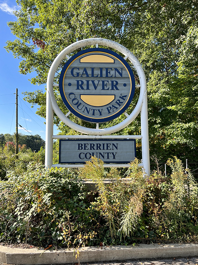 The Galien River County Park sign stands proud, marking the entrance to adventures that require nothing more than curiosity and comfortable shoes.