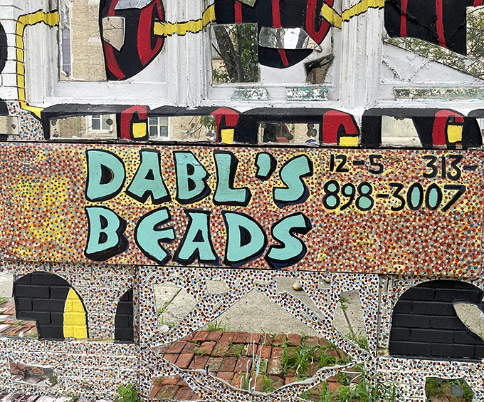 "Dabls' Beads" announces itself in playful lettering against a backdrop of thousands of tiny mosaic pieces &ndash; Detroit's most colorful calling card.