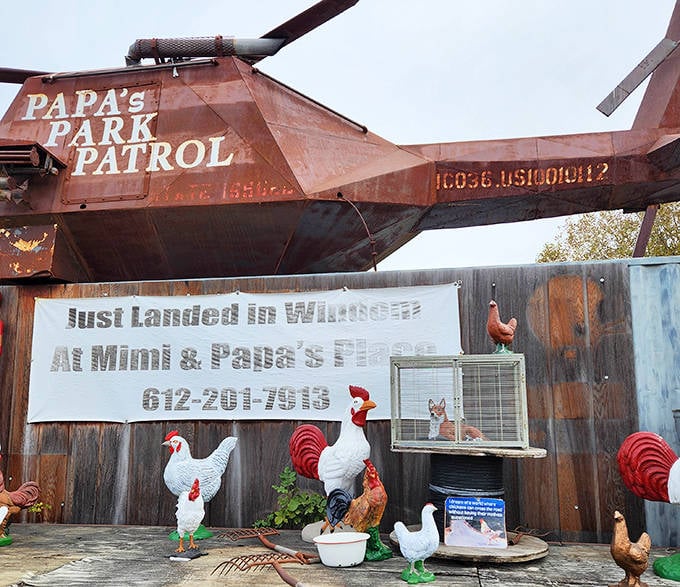 "Papa's Park Patrol" helicopter looks like it made an emergency landing years ago and decided the view was too good to leave.