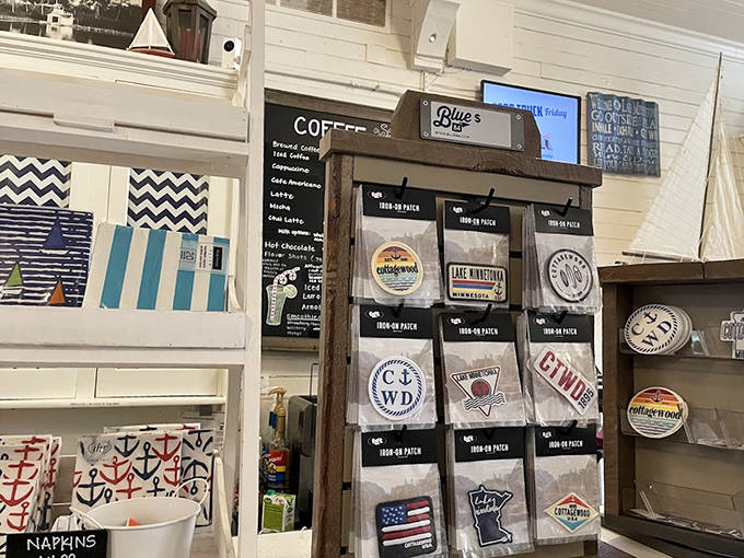 Local pride on display with patches and souvenirs that capture the essence of Minnesota lake culture.