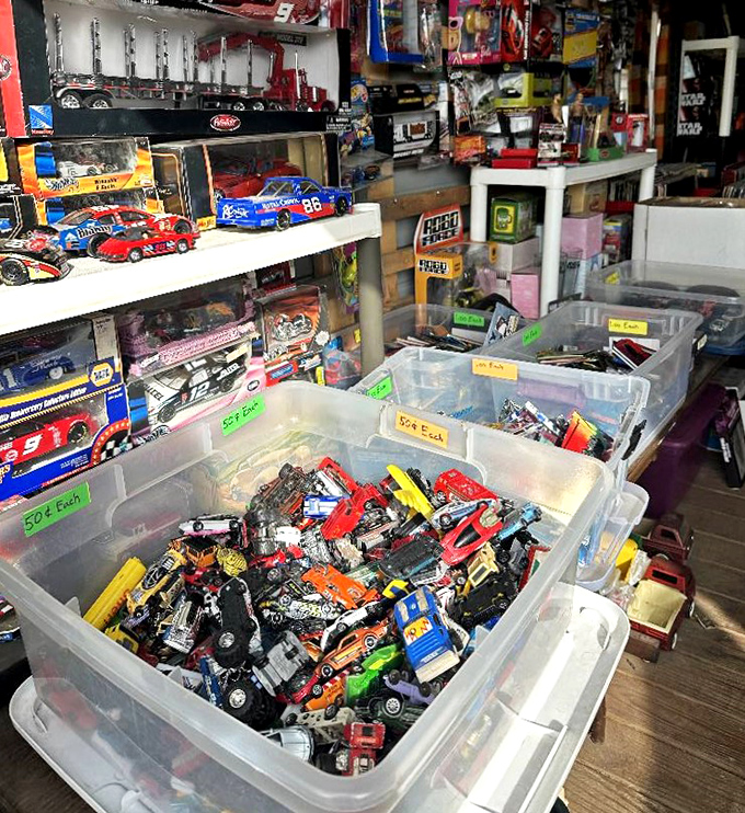 Toy collectors paradise! Bins overflowing with die-cast cars and collectibles promise hours of nostalgic sorting for the dedicated enthusiast.