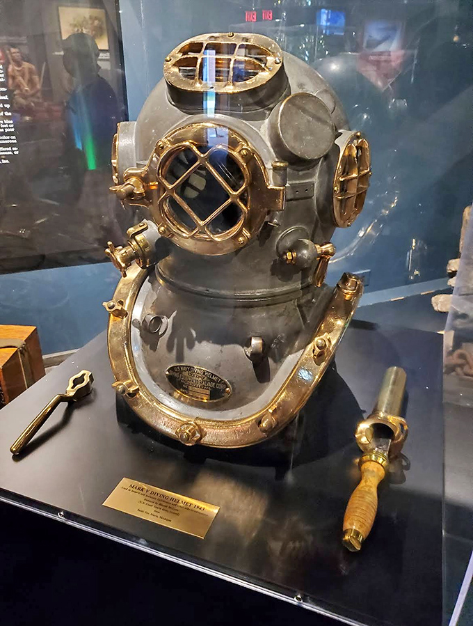 This Mark V diving helmet looks like it belongs in a steampunk novel, but it represented cutting-edge technology for underwater salvage and rescue operations.