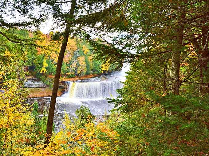 The star of Michigan's natural attractions performs its endless cascade, turning tannin-rich waters into liquid amber before your eyes.