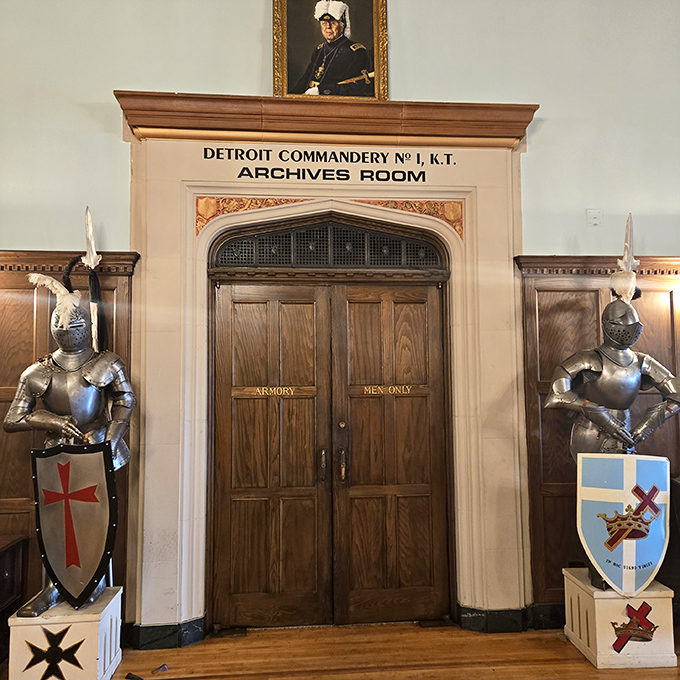 Knights in shining armor stand eternal guard outside the archives room, protecting centuries of Masonic history and tradition.