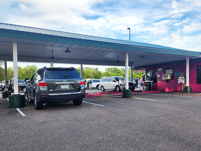 The covered parking bays aren't just practical&mdash;they're time machines to an era when drive-ins were the coolest spots in town.