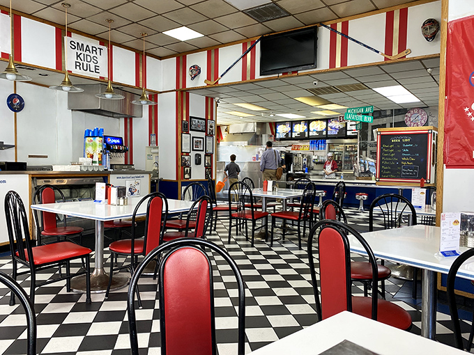 Red and white checkered floors meet classic diner seating in this timeless space where Detroit's food traditions are preserved one coney at a time.