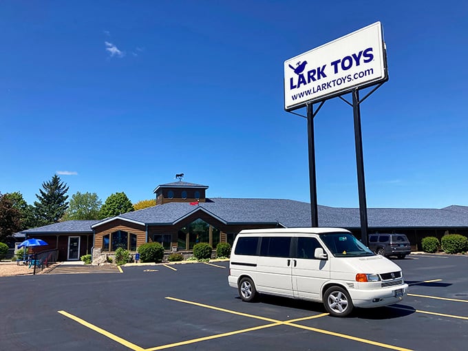 Where imagination still trumps Wi-Fi! LARK Toys stands proudly against Minnesota's blue sky, promising adventures that don't require charging cables.