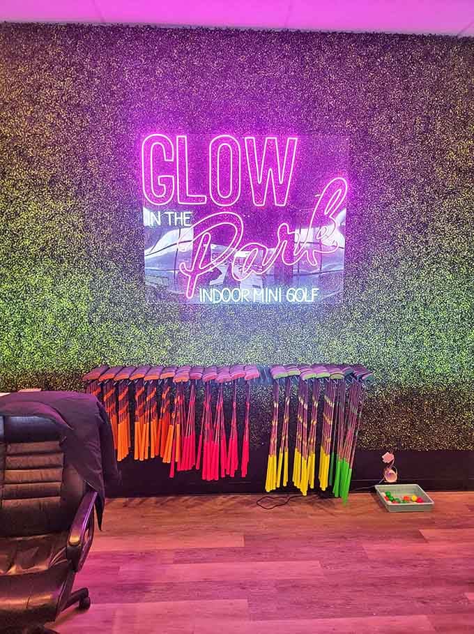 Golf Clubs: A rainbow arsenal of putters awaits, each one a magic wand ready to guide your glowing ball through this fluorescent fantasy land.
