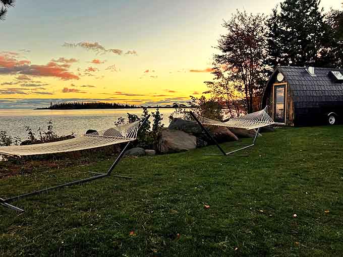 Post-sauna bliss awaits in lakeside hammocks, where gentle breezes and the distant sound of lapping waves complete the relaxation circuit.