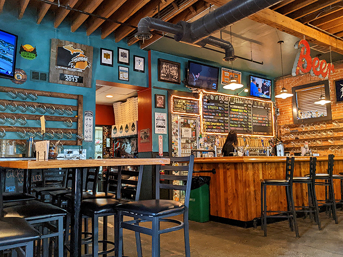 Exposed brick, wooden tables, and baseball artifacts create an atmosphere where even non-sports fans feel like they've found their home team.