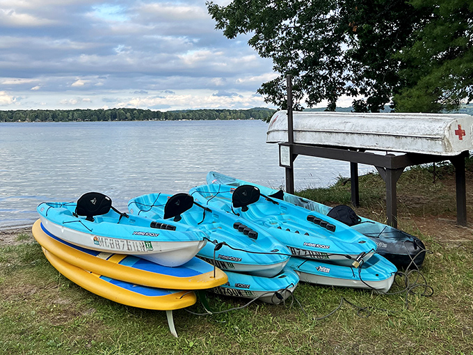 Kayaks resting between adventures, like colorful beached whales waiting for the next explorer. Your chariot to water-bound freedom awaits!