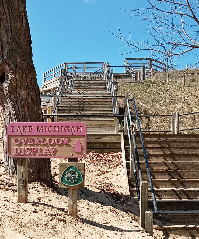 This wooden pergola frames Lake Michigan's endless blue horizon, creating perfect moments of zen for weary souls.