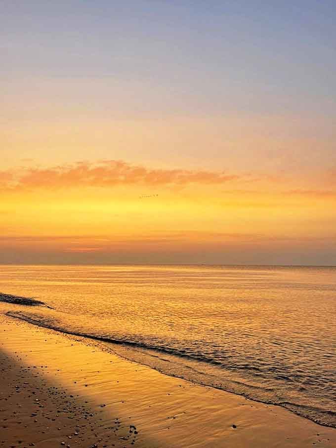 Nature's light show &ndash; sunset paints the horizon in impossible shades of gold, turning Lake Huron into liquid amber.